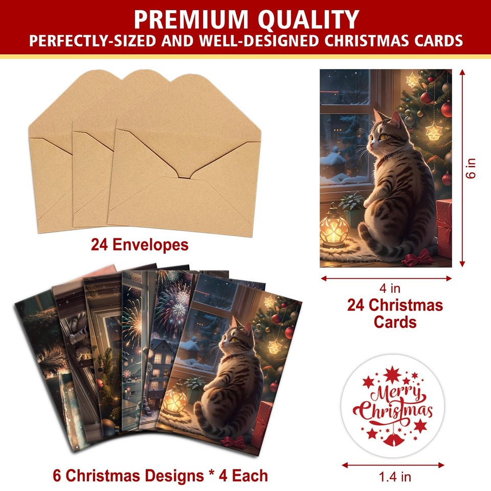 24 Pack Cat Christmas Cards with Envelopes & Stickers, 4 x 6 Inch Funny ...