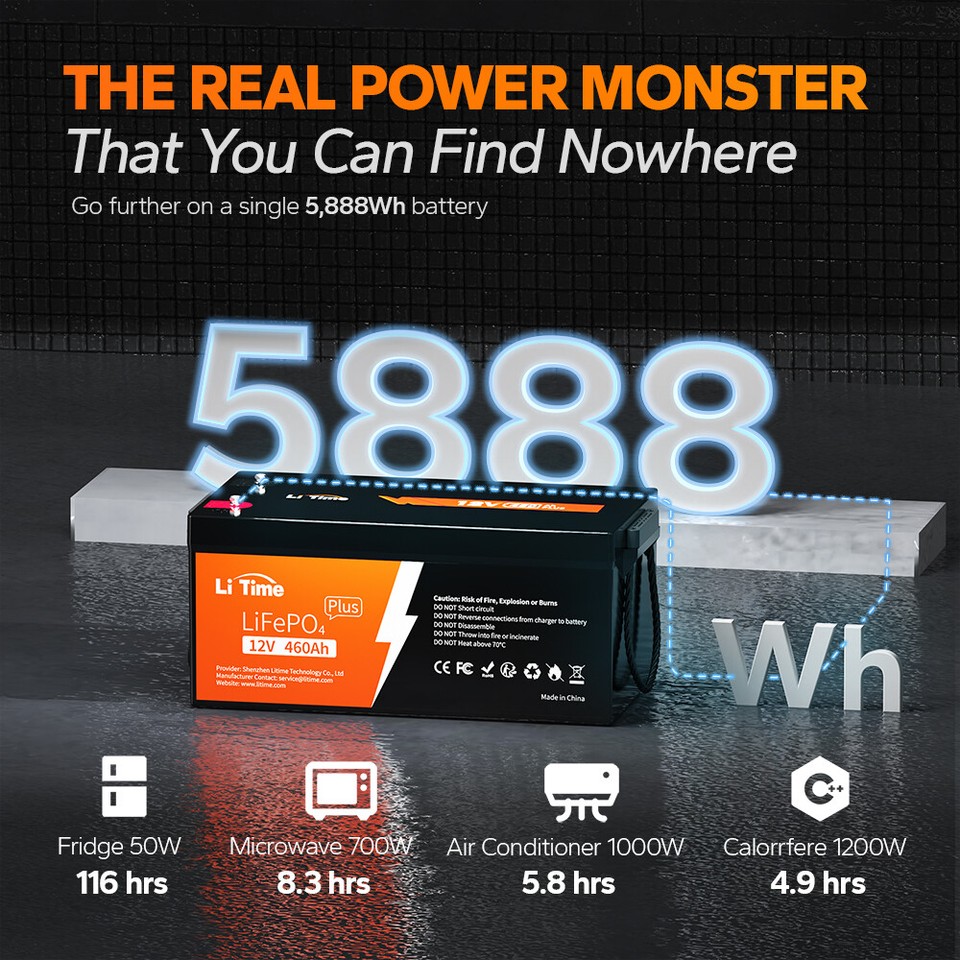 LiTime 12V 460Ah LiFePO4 Lithium Battery 250A BMS for Solar RV Off grid ...