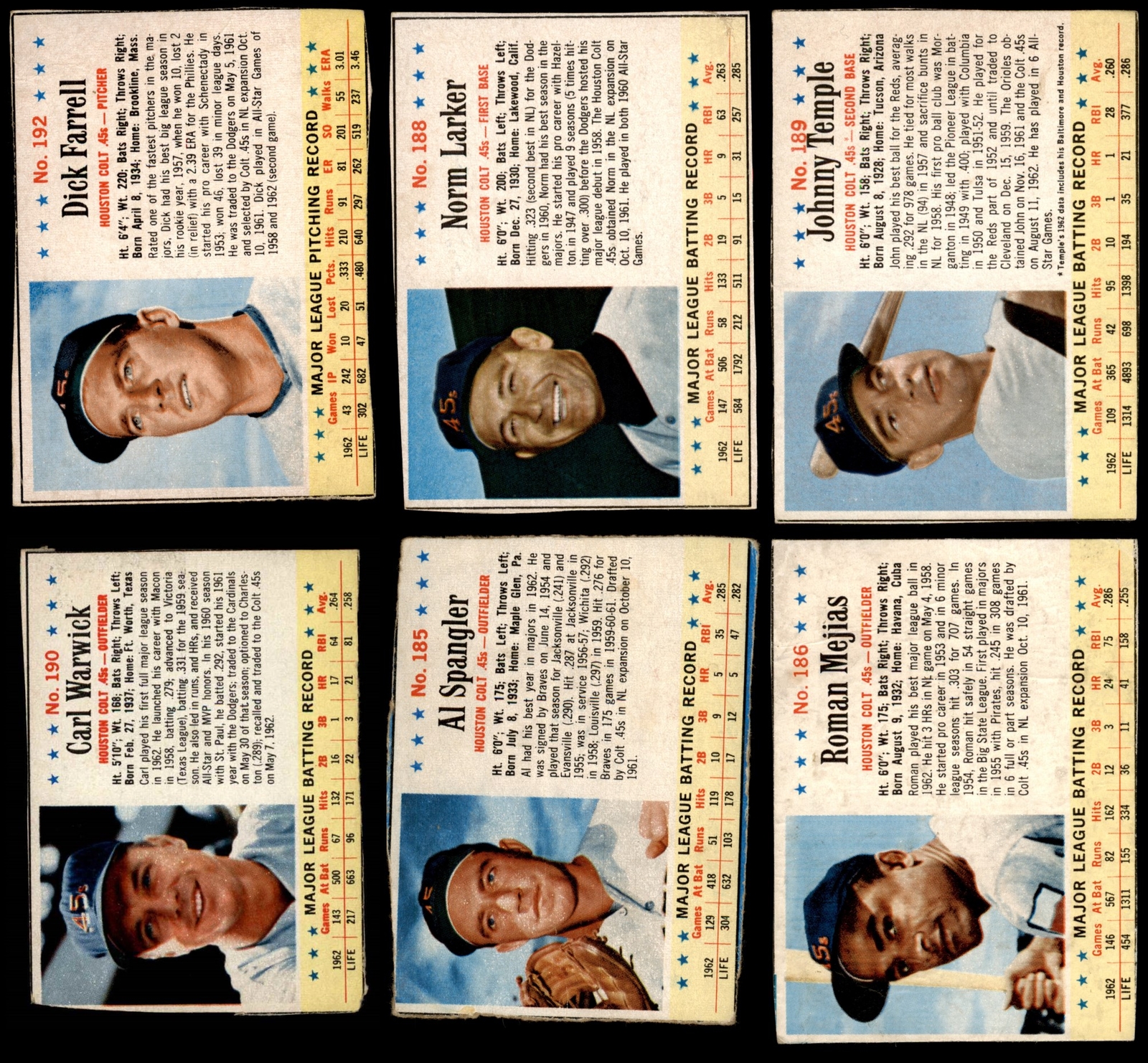 1963 Post Cereal Houston Colt 45s Near Team Set 2 - GOOD (6 / 8 cards ...