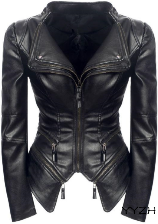 Women's Faux Leather Motorcycle Biker Jacket Black Long Sleeve Smooth ...