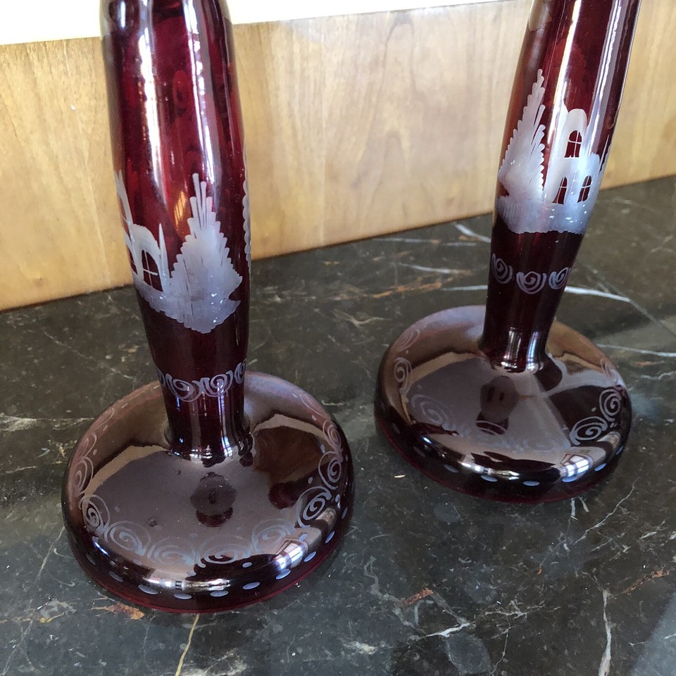 2 Vintage Egermann Ruby Red Crystal Candlesticks 8.75" Cut-to-Clear ...