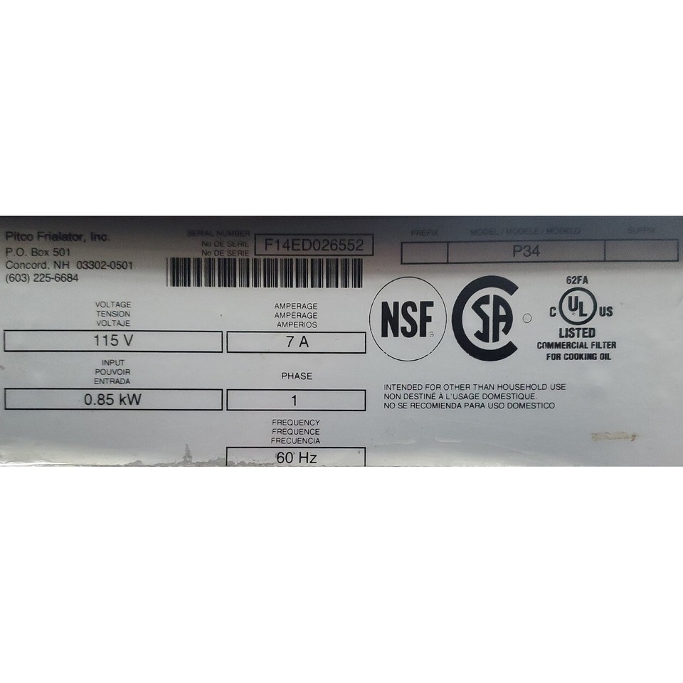 Pitco P34 Oil Filter System, 210 Pound. Capacity, Used, Very Good ...