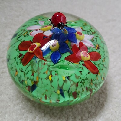 Colorful Art Glass Paperweight Flowers Applied Lady Bug | eBay