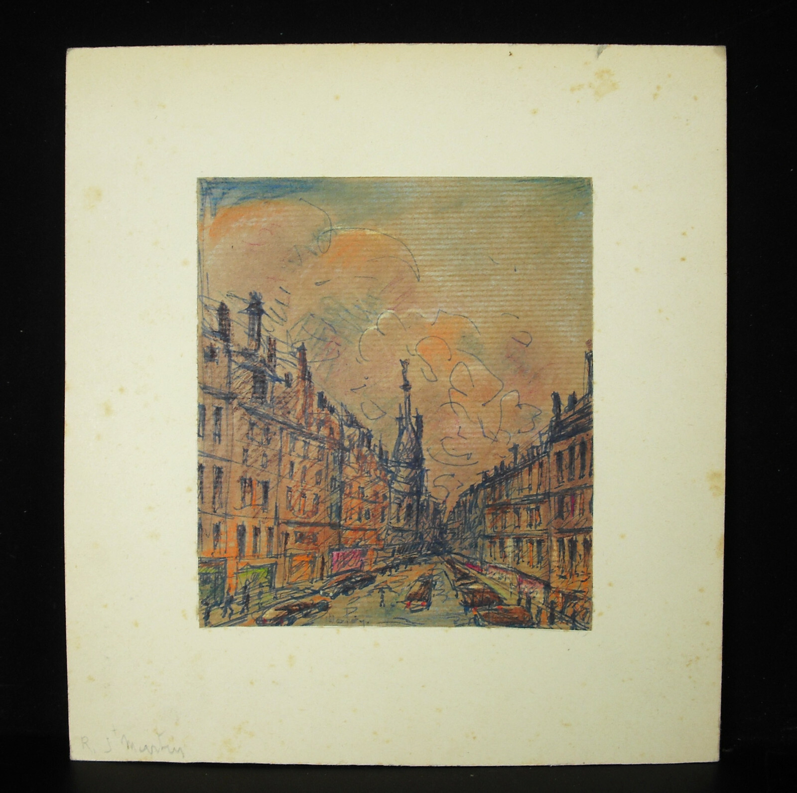 R J Martin ? Rue De Paris Disegno Originale C1970 Pennarello E Pastello ...