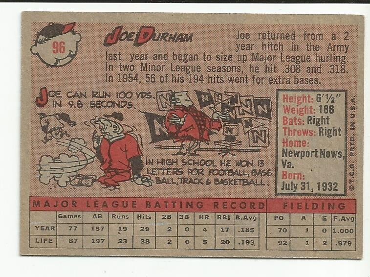 1958 Topps Joe Durham Cleveland Indians, Sharp Gloss, Clean Back - EX ...