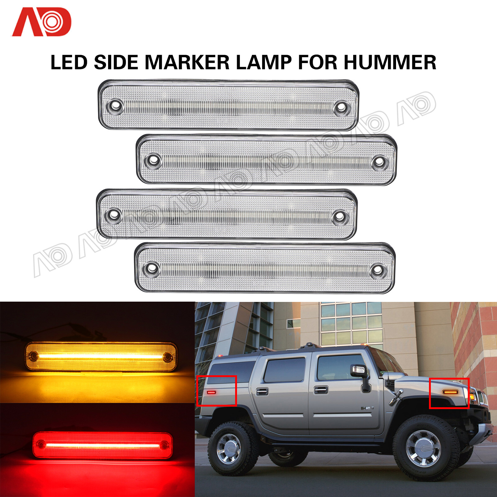 For Hummer H2 2003-2009 LED Side Marker Light Clear Lens Amber Red 4PCS ...
