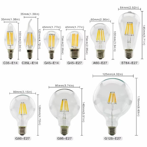 2W 4W 6W 8W E27 E14 Retro Edison LED Filament Bulb Lamp 220V-240V Light ...
