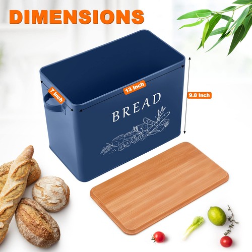 Navy Blue Bread Box with Bamboo Cutting Board Lid, Large Farmhouse ...