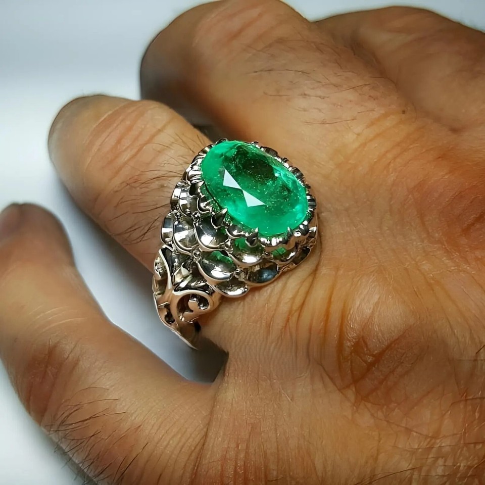 Original Mens Emerald Gemstone Ring Sterling Silver 925 Precious ...