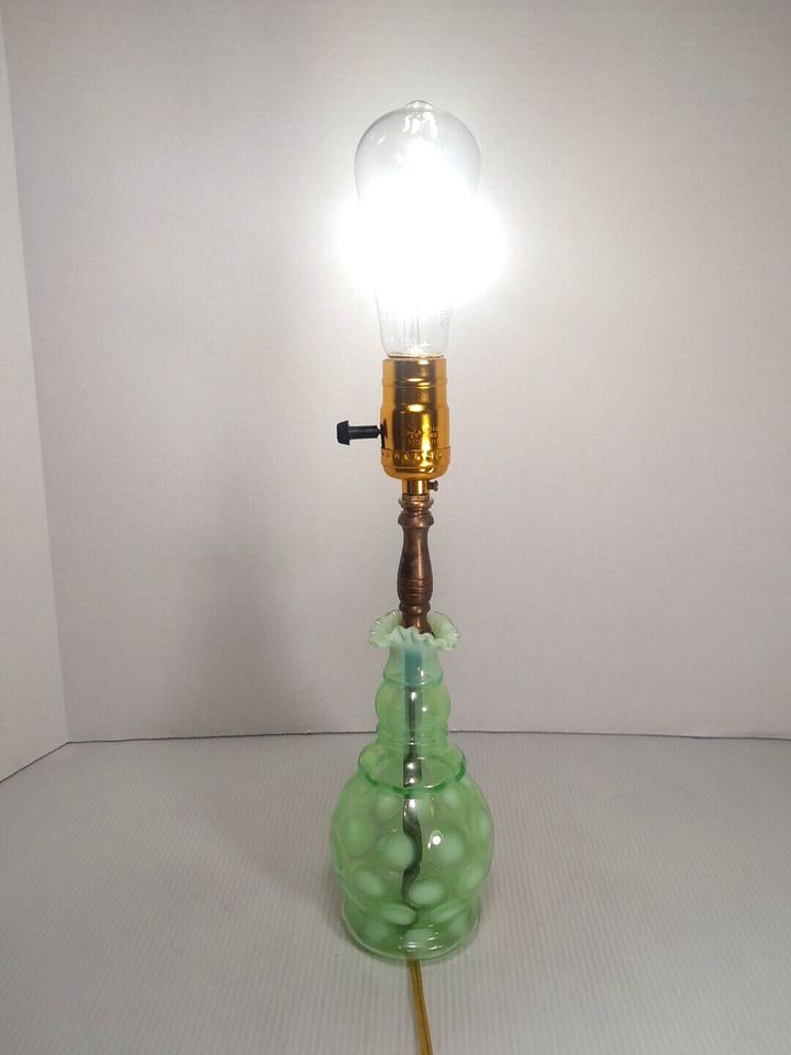 RARE Fenton Paulux Lamp Coin Dot Opalescent Green Uranium Glass 12.5 ...