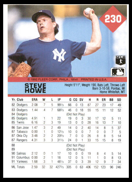 1992 Fleer #230 Steve Howe New York Yankees Baseball Card | eBay