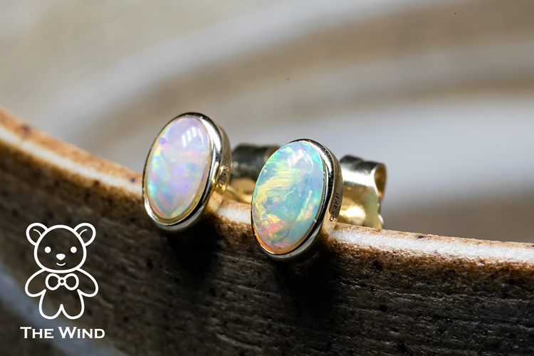 14K Yellow Gold Small Oval Natural Australian Solid Opal Stud Earrings ...