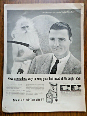 1956 Vitalis Hair Tonic with V-7 Ad Father Time Hair Sportscater Bud ...