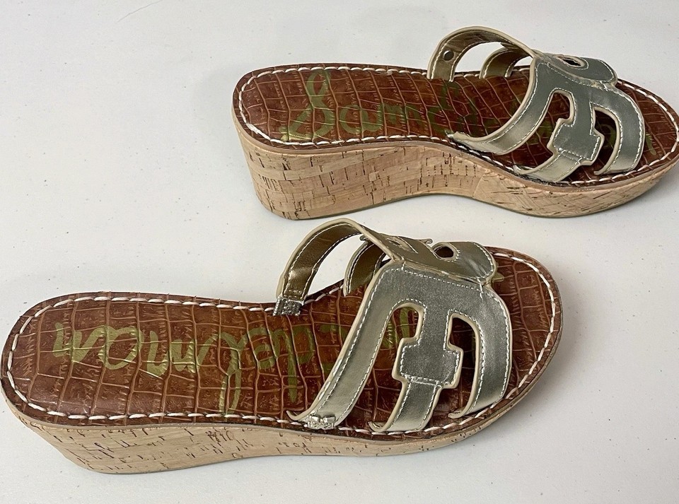 Sam Edelman Gold Leather Wedge Sandals Slides Women 6.5 Minimalist ...