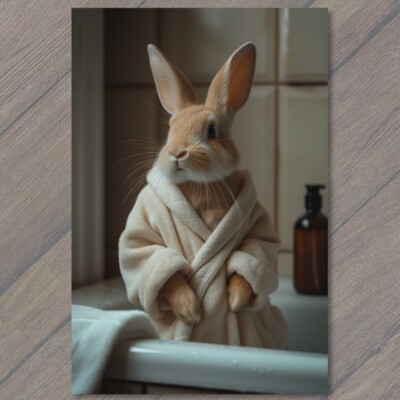 POSTCARD Bunny Rabbit Robe In Bath Bathrobe Bathroom Cute Shower Clean ...