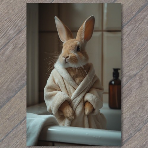 POSTCARD Bunny Rabbit Robe In Bath Bathrobe Bathroom Cute Shower Clean ...