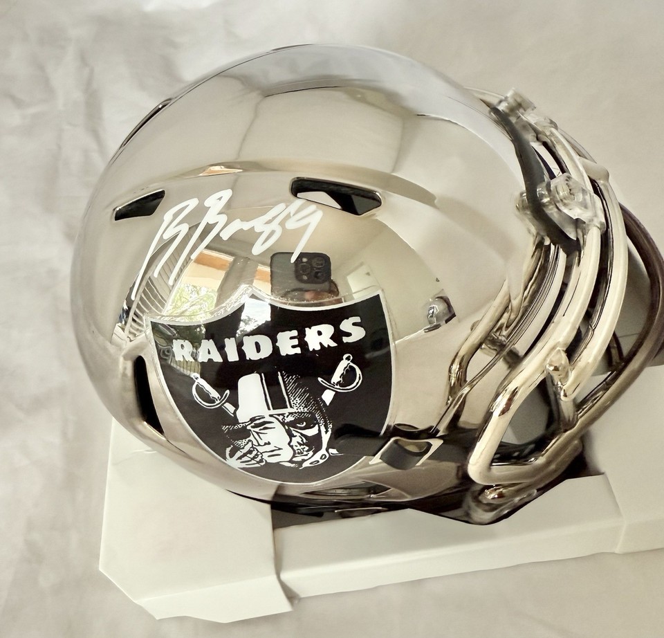 LAS VEGAS RAIDERS UGA BROCK BOWERS signed TWO TONE CHROME MINI HELMET ...