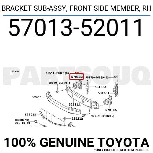 5701352011 Genuine Toyota BRACKET SUB-ASSY, FRONT SIDE MEMBER, RH 57013 ...