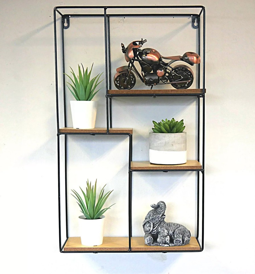 Hanging Wall Shelf Unit Storage Display Shelves Wood Metal Home 4 Tier ...