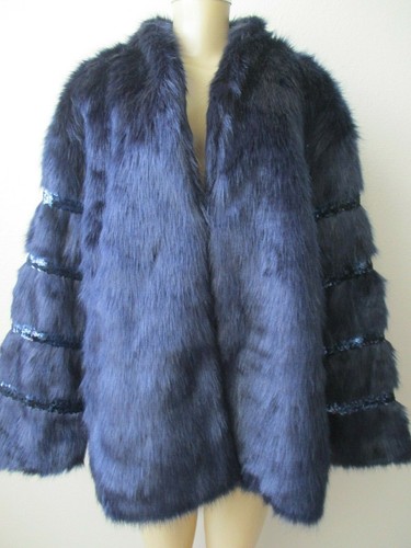 Joan Boyce Faux Fur Jacket Blue Sequin Size M Long Sleeve Hips Length ...
