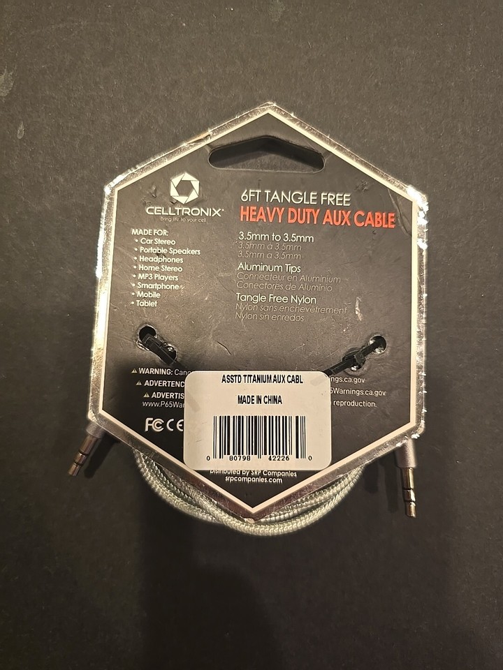 Silver Celltronix Titanium 6ft Tangle Free HD AUX Cable, 3.5mm to 3.5mm ...