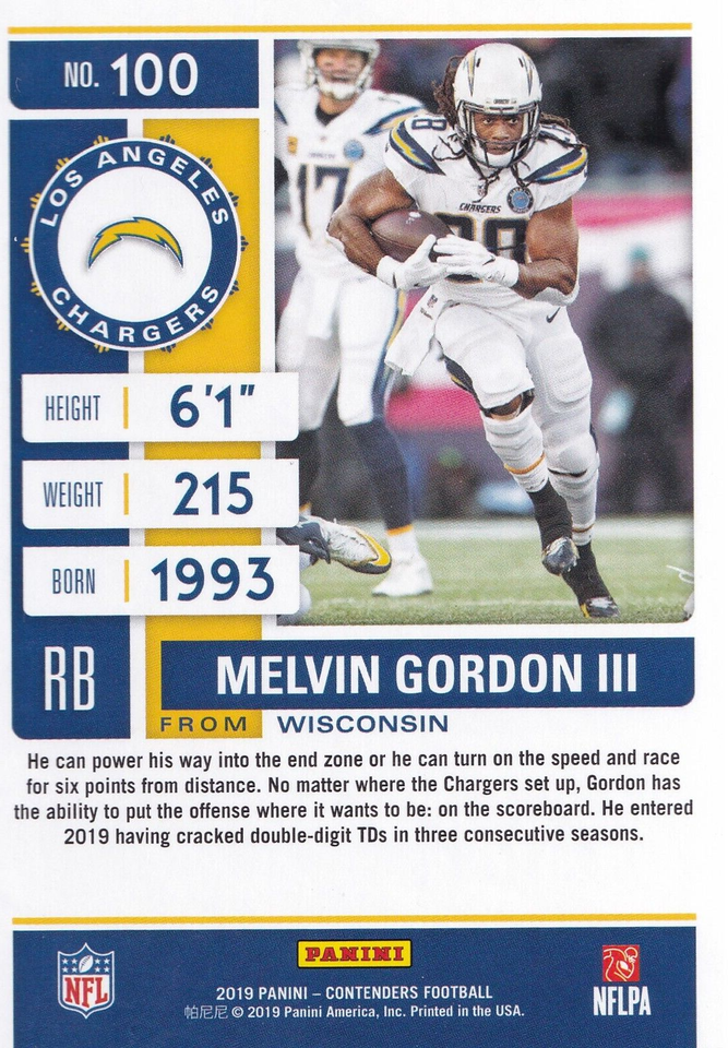 2019 Panini #100 Melvin Gordan Los Angeles Chargers + (Yes 3 Free ...