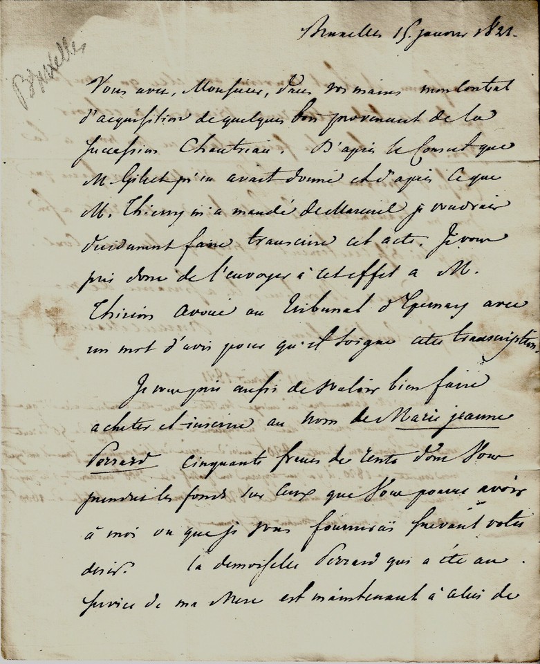 1821 Letter DURANT Brussels to FOSSEUR Paris succession CHANTRIAN ...