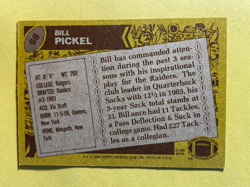 SIGNED BILL PICKEL 1986 TOPPS AUTOGRAPHED CARD - RAIDERS | eBay