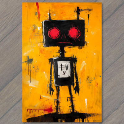 Art Print Dystopian Bot Graffiti Electric Blue Red Yellow Urban Tech | eBay