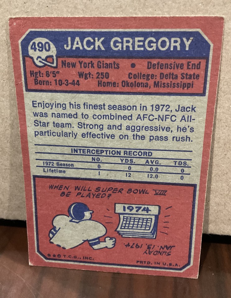 JACK GREGORY 1973 TOPPS FOOTBALL CARD #490 - NEW YORK GIANTS | eBay