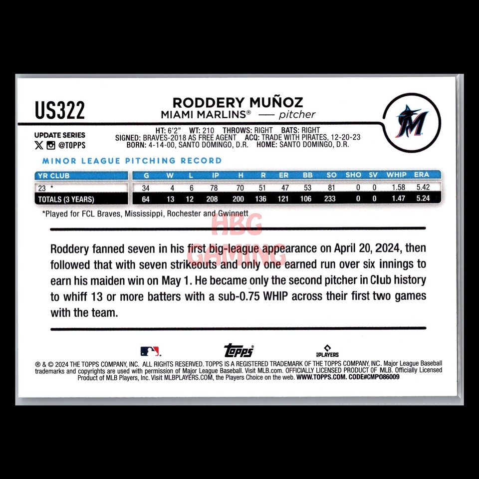 Roddery Munoz RC 2024 Topps Update Miami Marlins Rookie Card #US322 | eBay