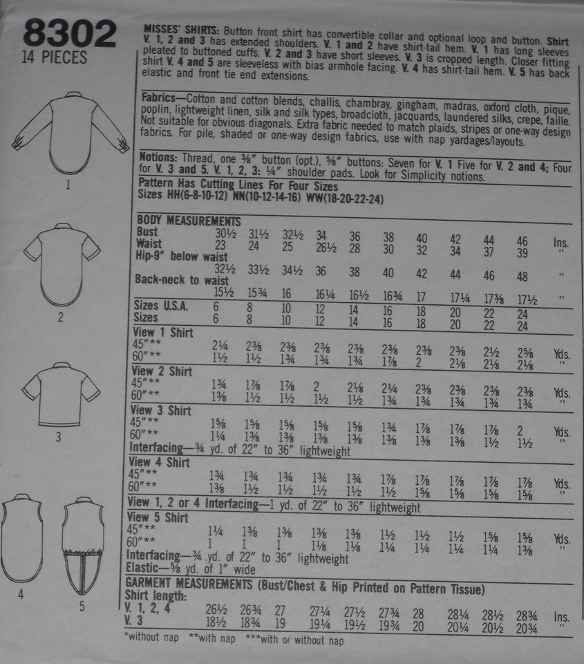 Shirts Sleeve Variations Misses size 6-12 Simplicity 8302 Sewing ...