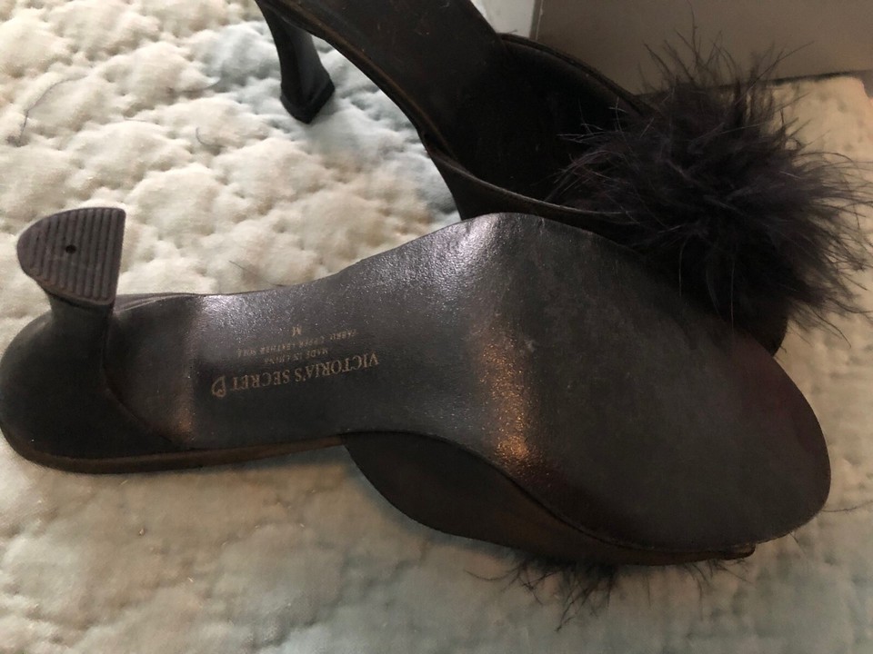 NIB VICTORIA'S SECRETE FEATHER MARABOU MULES SATIN SLIPPERS HEELS - M ...