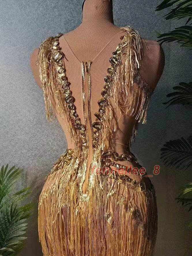 Women Gold Sequins Rhinestones Sleeveless Jumpsuit Singer Dancer Stage ...