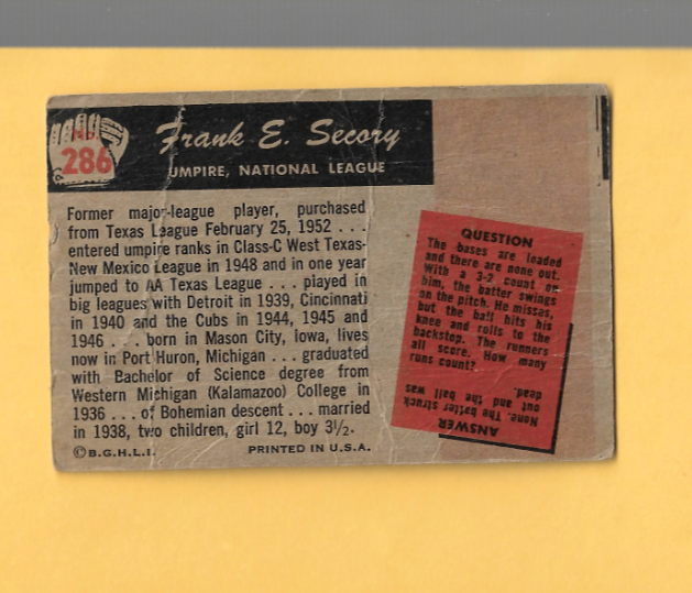 1955 Bowman Frank Secory #286 Umpire HI # FAIR- FREE SHIPPING | eBay