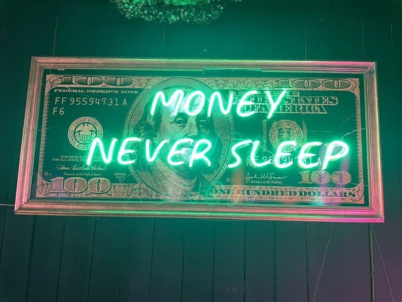 money never sleeps art painting neon sign Art Dollar Light Sign Gift ...