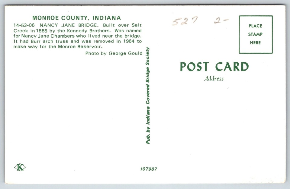 Postcard Nancy Jane Bridge, Monroe County, Salt Creek, Indiana Unposted ...