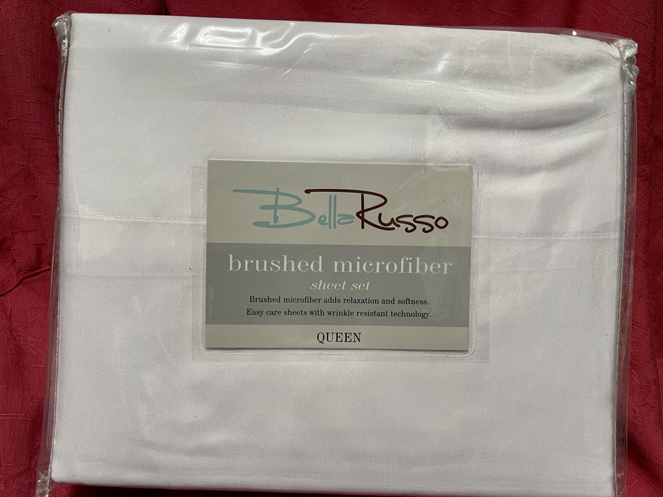 Bella Russo White Microfiber Queen Sheet Set New in Package Fitted Flat ...