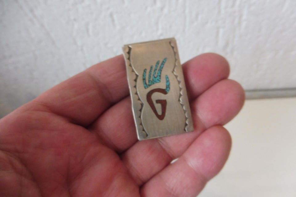Old Money Clip, 925 Silver With Inlay: Turquoise And Coral, Signed: HB ...