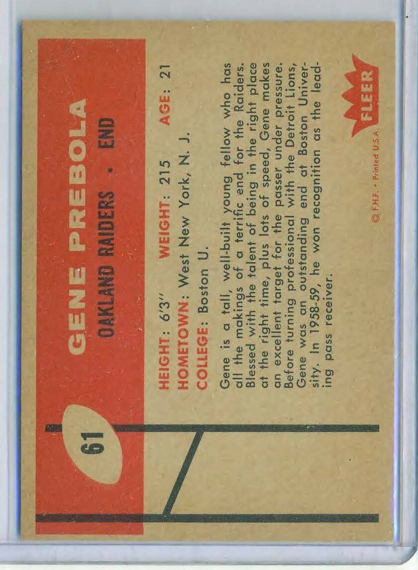 1960 Fleer #61 Gene Prebola Oakland Raiders Yellow Proof Well Cut EX+ ...