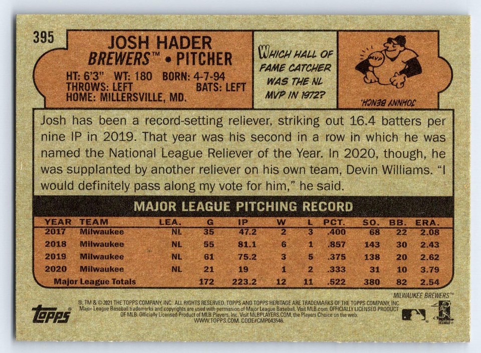 2021 Topps Heritage #395 Josh Hader Milwaukee Brewers BASEBALL Card | eBay