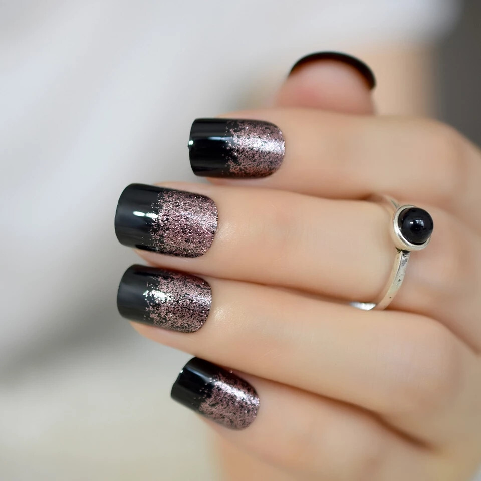 24 Short press on nails kit w glue black square rose gold ombre glitter ...