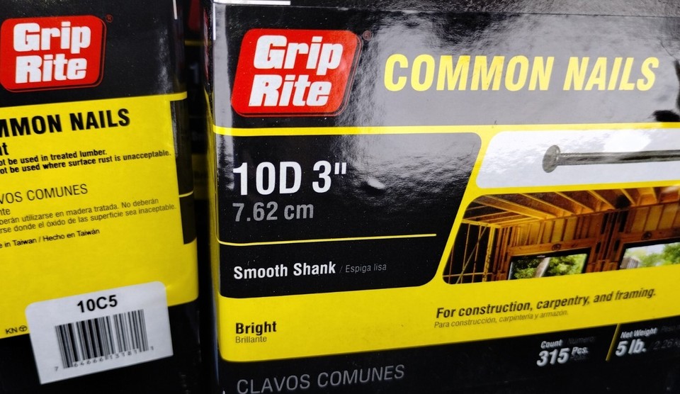 5LB 10d Nails Grip-Rite 10C5 3" Bright Steel Smooth Shank Common 5 lb ...