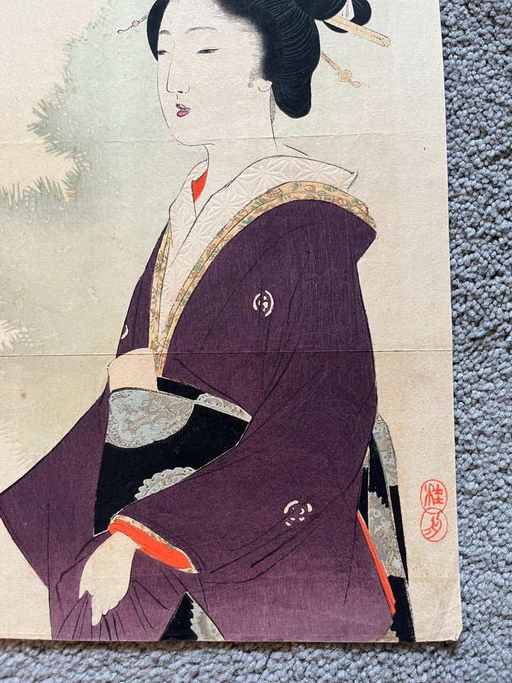 Old Japanese woodblock print of a woman in purple kimono by Keishu | eBay