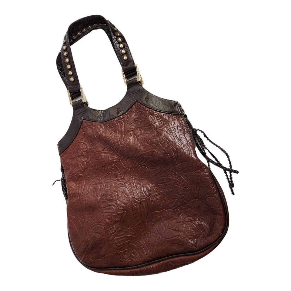 Kippys "Peace" Brown Bedazzled Crystal Tooled Leather Shoulder Tote Bag ...
