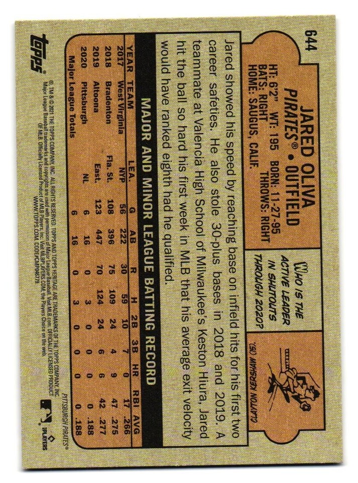2021 Topps Heritage # 644 Jared Oliva Pittsburgh Pirates Rookie | eBay