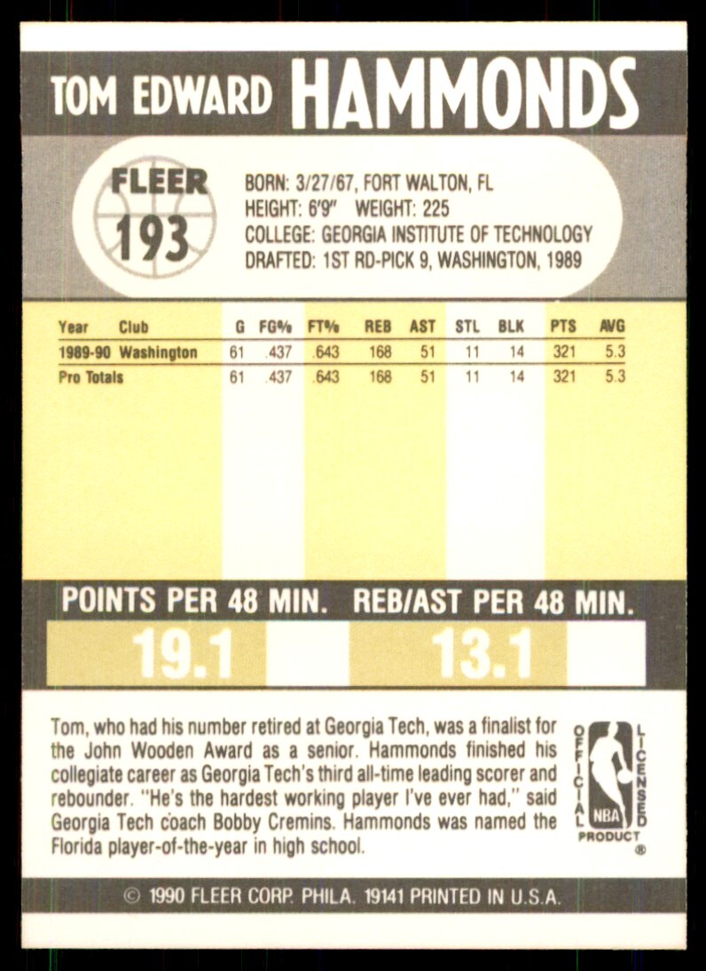 1990-91 Fleer Cards Tom Hammonds (100) Basketball Cards #193 | eBay