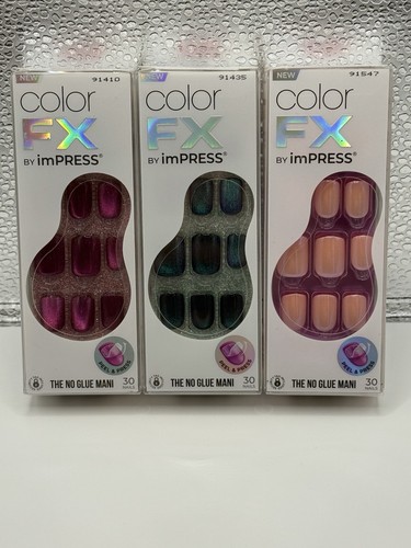 Kiss imPRESS Color FX No Glue Press-On Manicure Nails Short (Lot Of 3 ...
