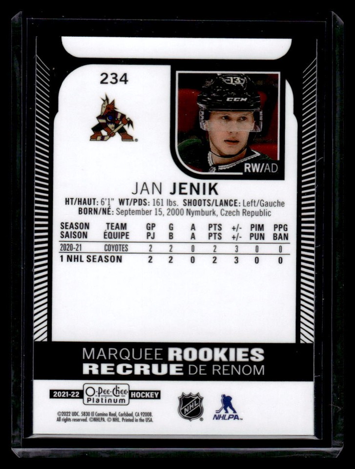 Jan Jenik 2021 O-Pee-Chee Platinum Marquee Rookies #234 Arizona Coyotes ...