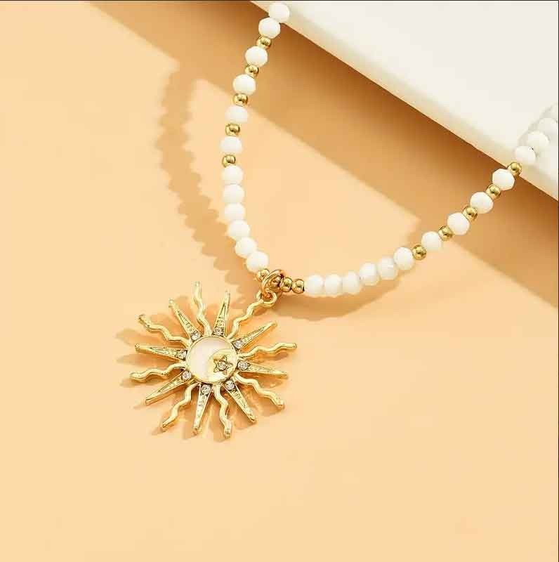 Fancy Stainless Steel Necklace, White Pearls And Sun Pendant | eBay
